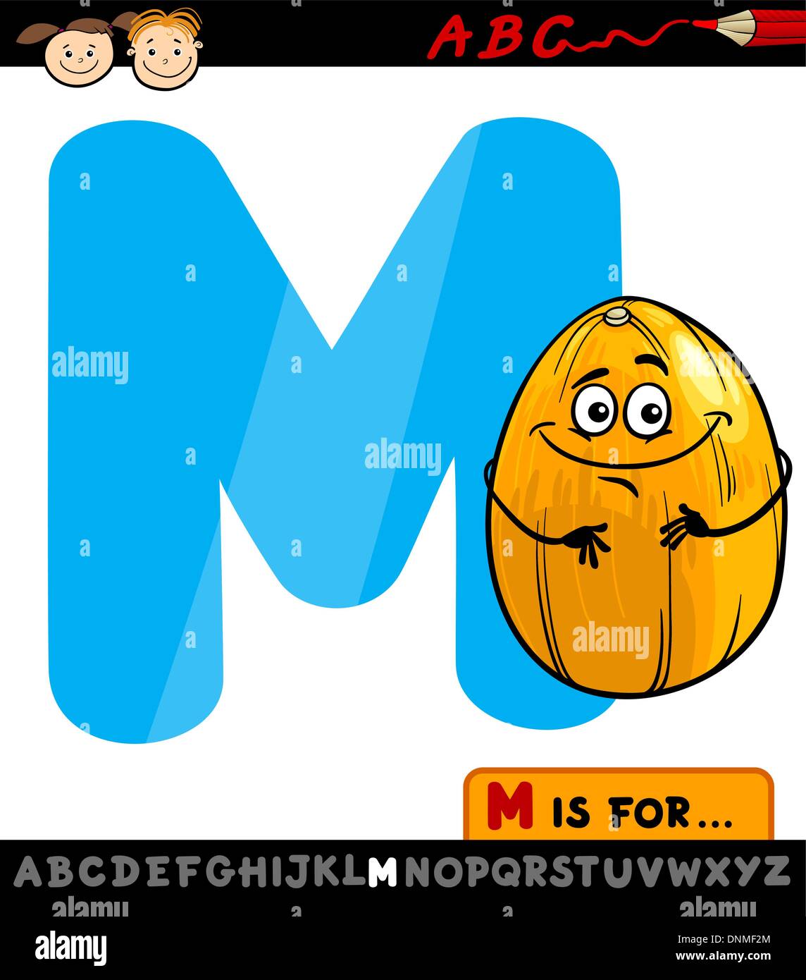 Cartoon Illustration of Capital Letter M from Alphabet with Melon for ...