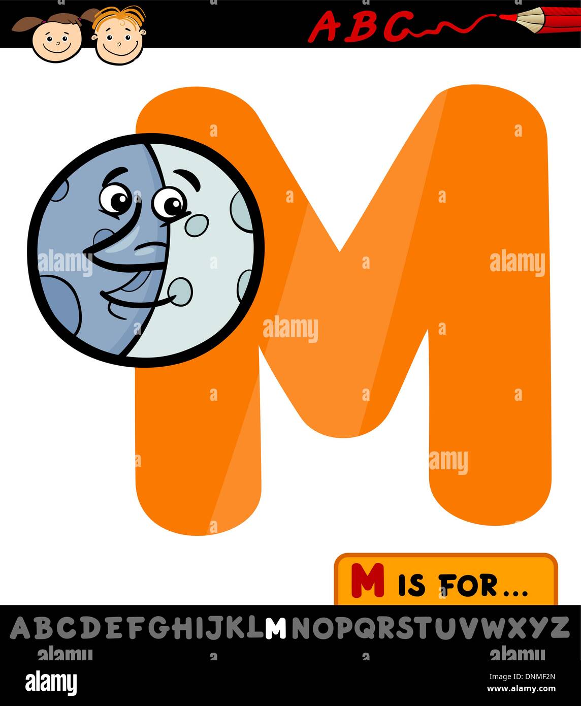 Cartoon Illustration of Capital Letter M from Alphabet with Moon for ...
