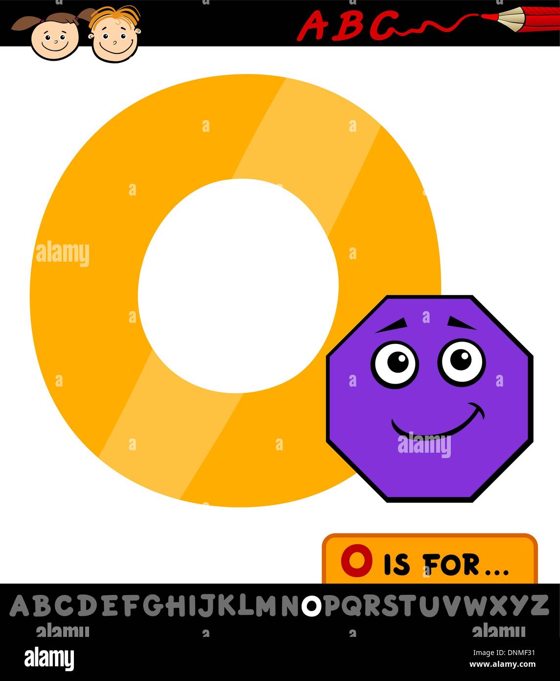 Cartoon Illustration of Capital Letter O from Alphabet with Octagon for ...