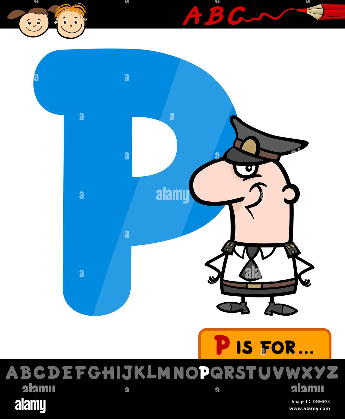 Cartoon Illustration of Capital Letter P from Alphabet with Policeman ...
