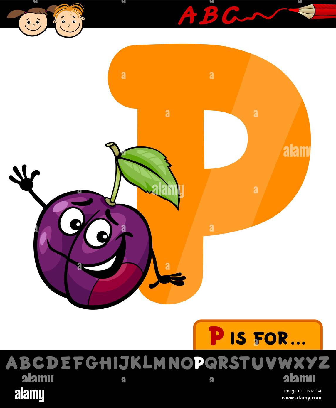 Cartoon Illustration of Capital Letter P from Alphabet with Plum for ...