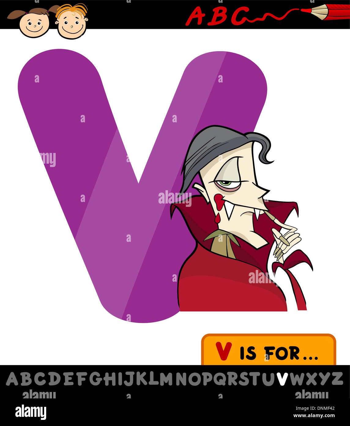 Cartoon Illustration of Capital Letter V from Alphabet with Vampire for ...