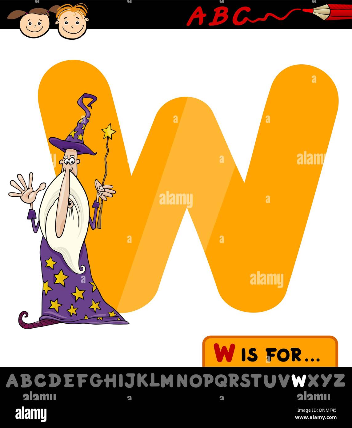 Cartoon Illustration of Capital Letter W from Alphabet with Wizard for ...