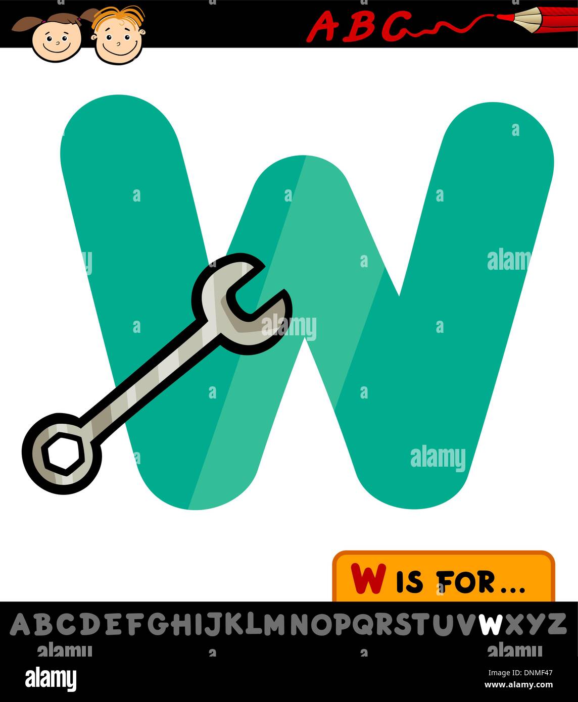 Cartoon Illustration of Capital Letter W from Alphabet with Wrench for ...