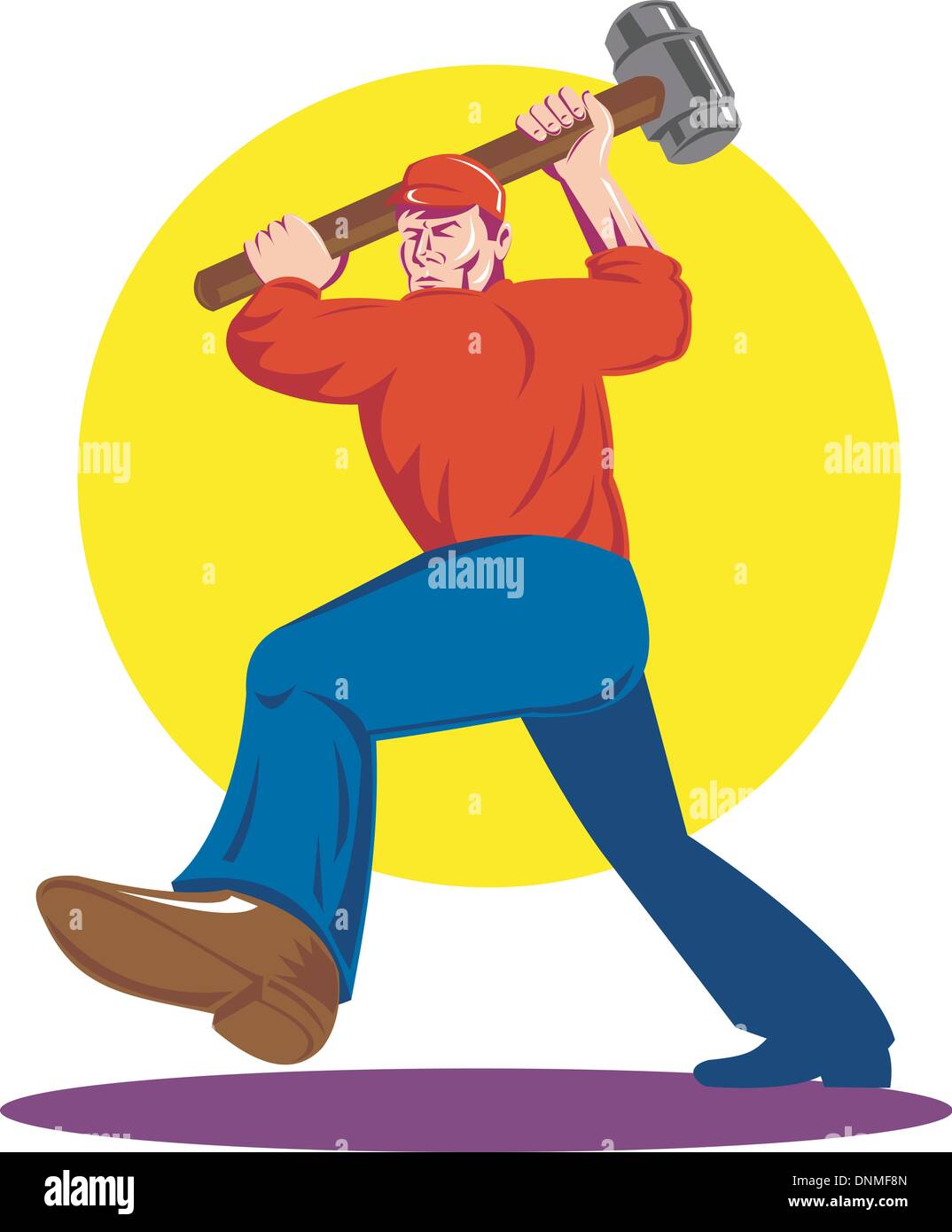 illustration of a worker at work with sledgehammer done in retro style ...