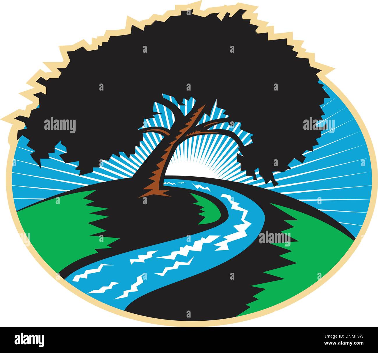 Illustration of a pecan tree silhouette with winding river stream and ...