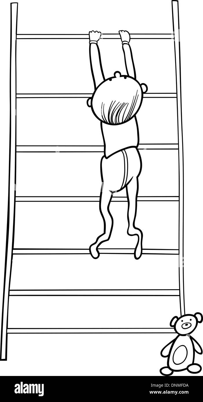 illustration of baby boy climbing on bookcase for coloring book Stock ...