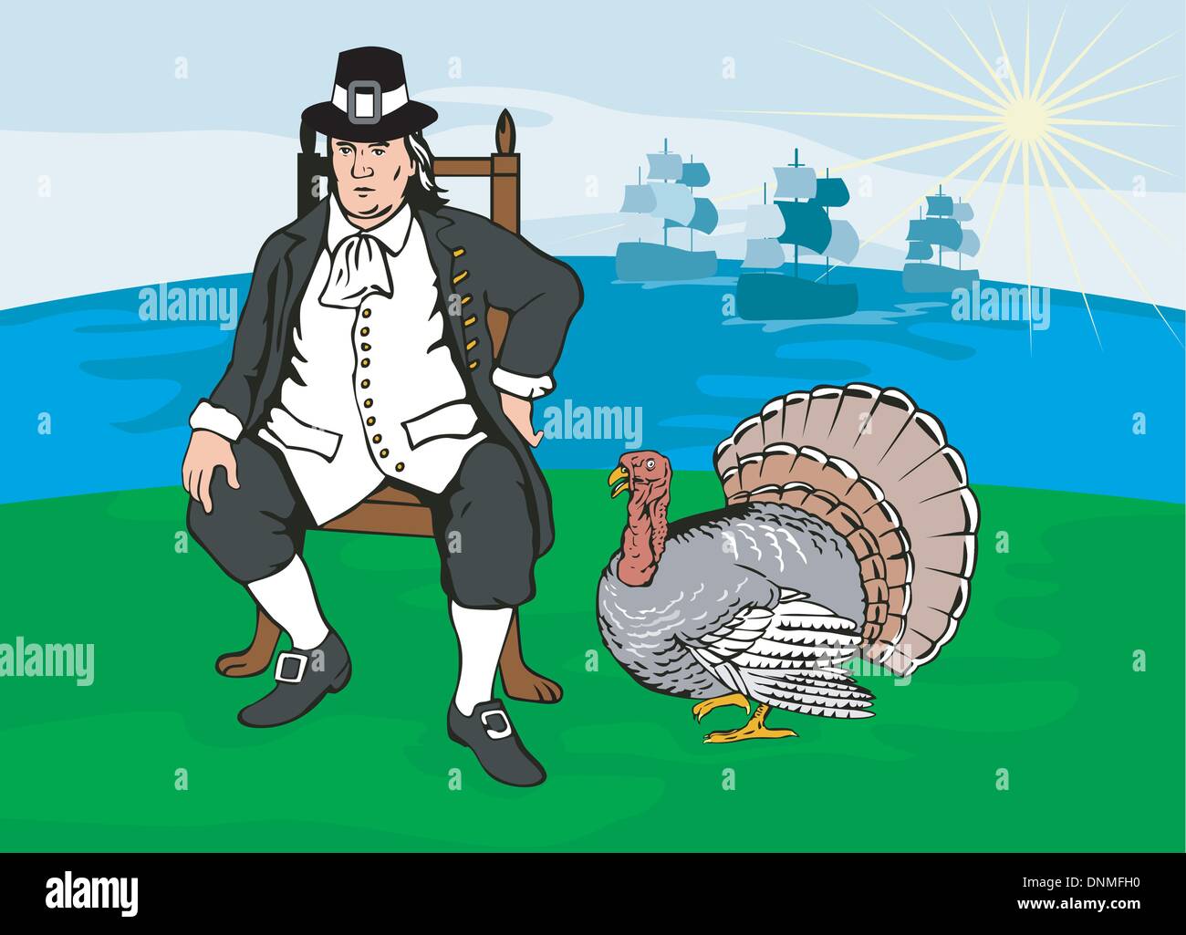 Illustration of a pilgrim with turkey done in retro style Stock Vector ...