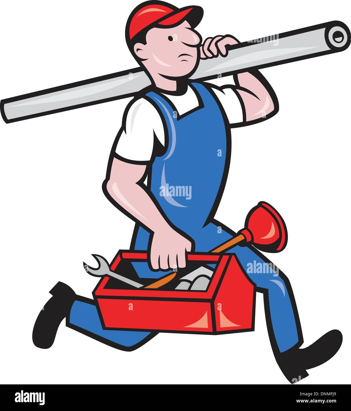 Illustration of a plumber carrying pipe and toolbox running done in ...