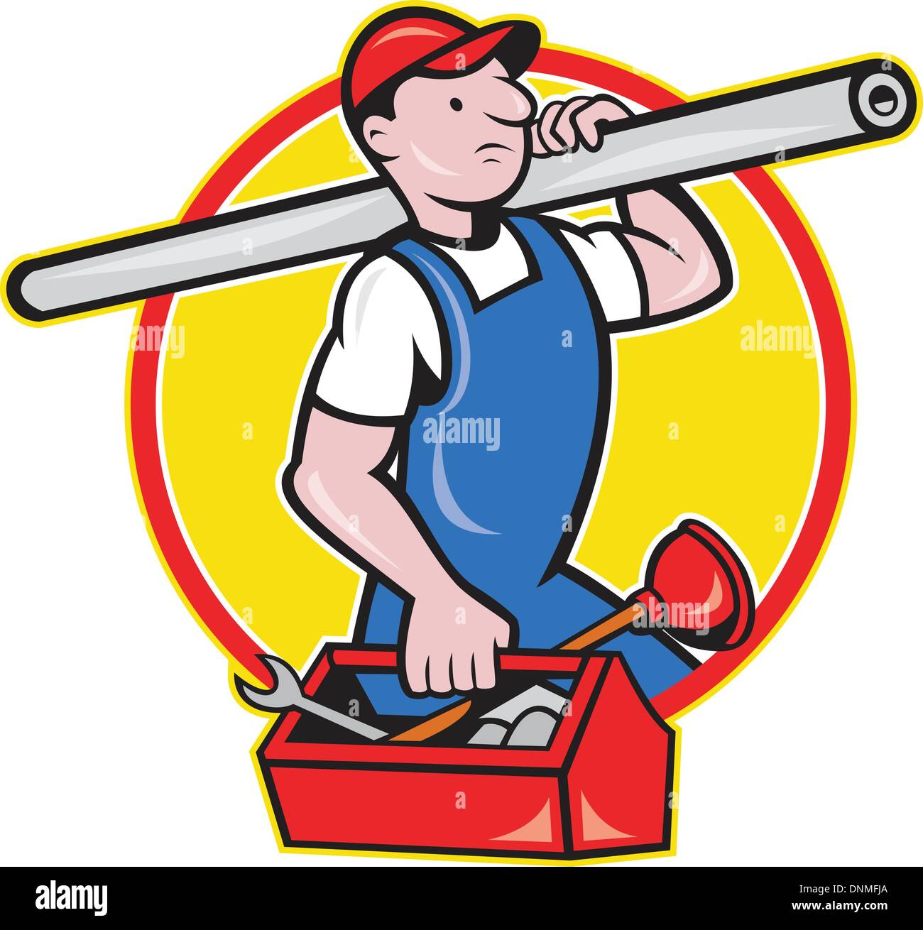 Illustration of a plumber carrying pipe and toolbox running done in ...