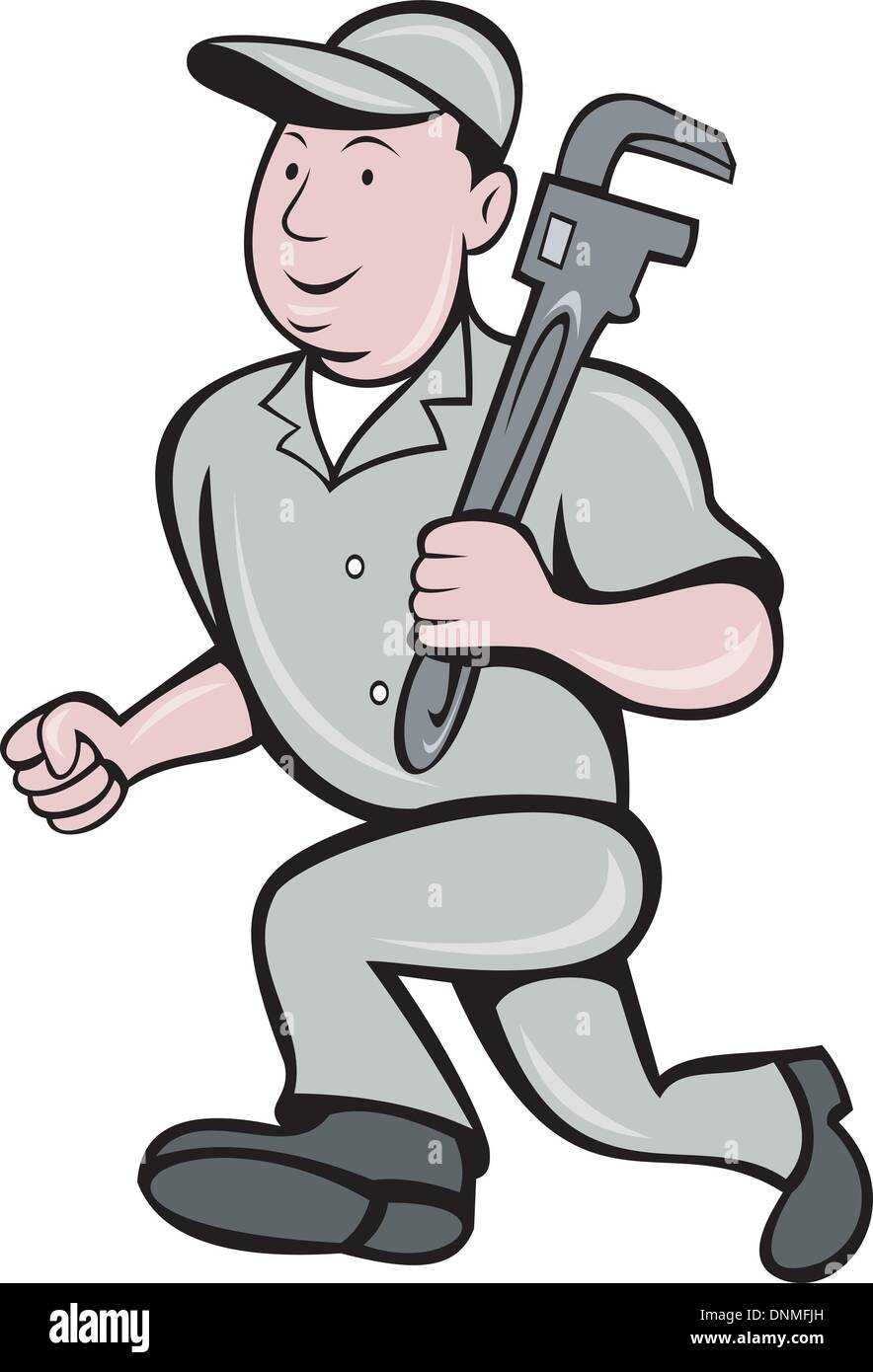 illustration of a plumber with monkey wrench running side done in ...