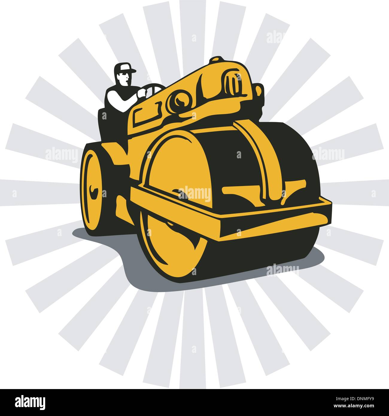 Illustration of a road roller compactor with sunburst background done ...