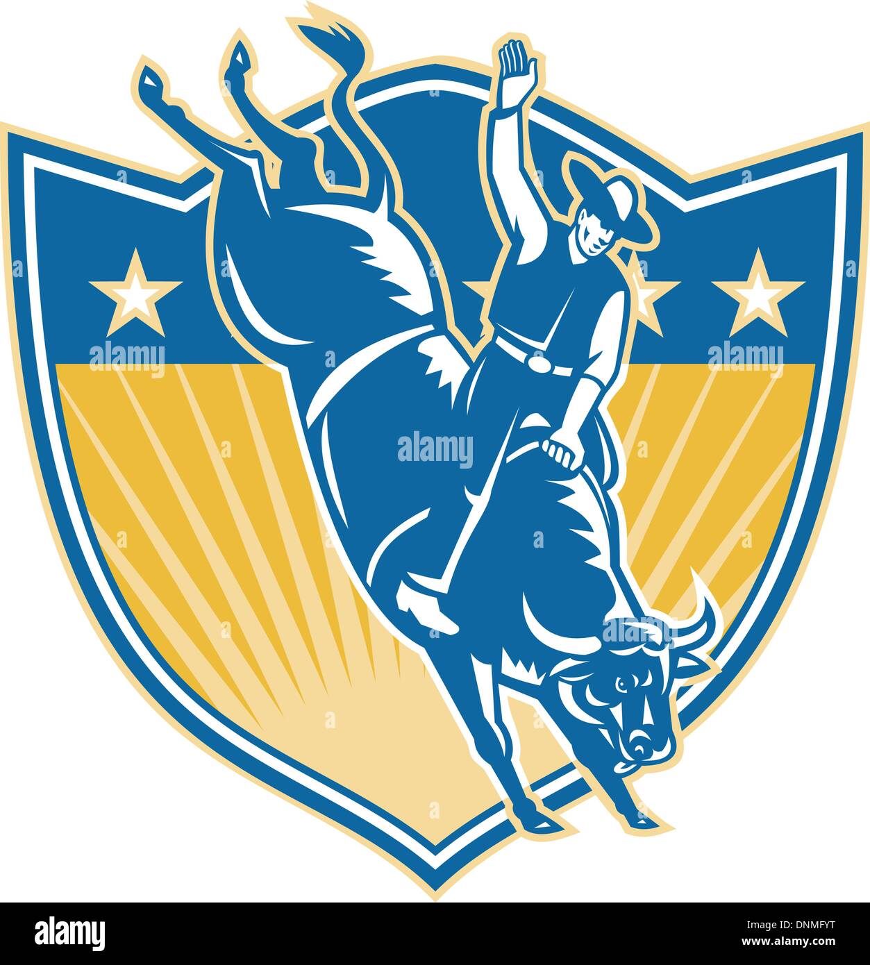 Illustration of a american rodeo cowboy riding bucking jumping bull ...