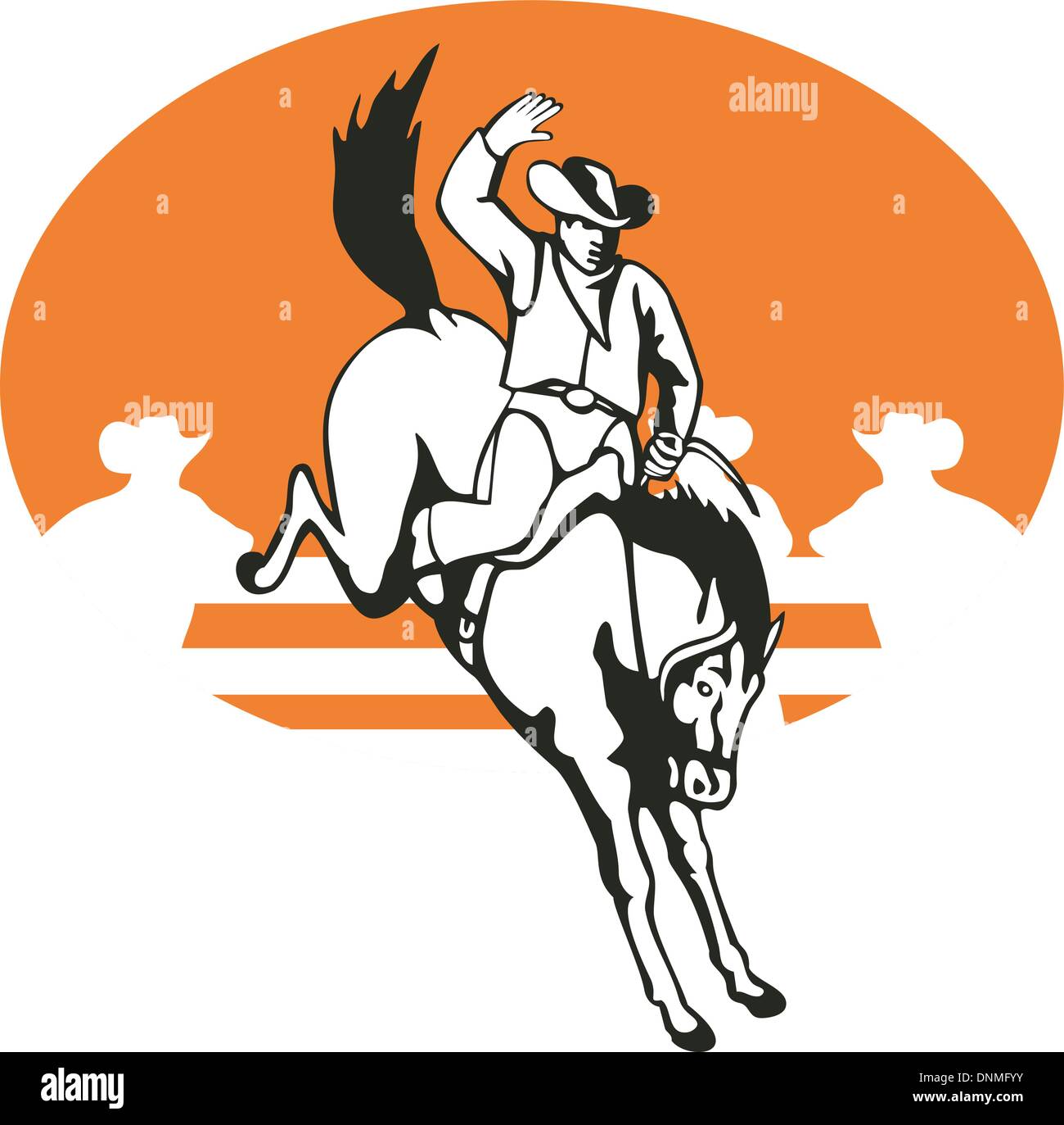 Illustration of rodeo cowboy riding bucking horse bronco on isolated ...