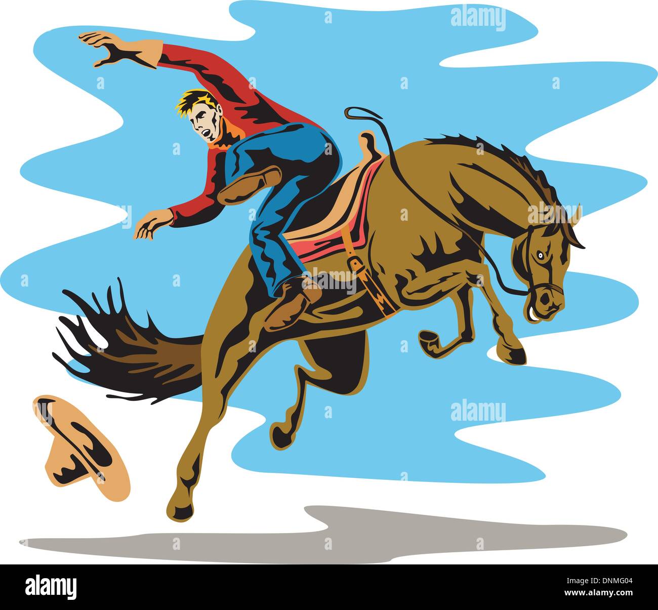 Illustration of rodeo cowboy riding bucking horse bronco on isolated ...