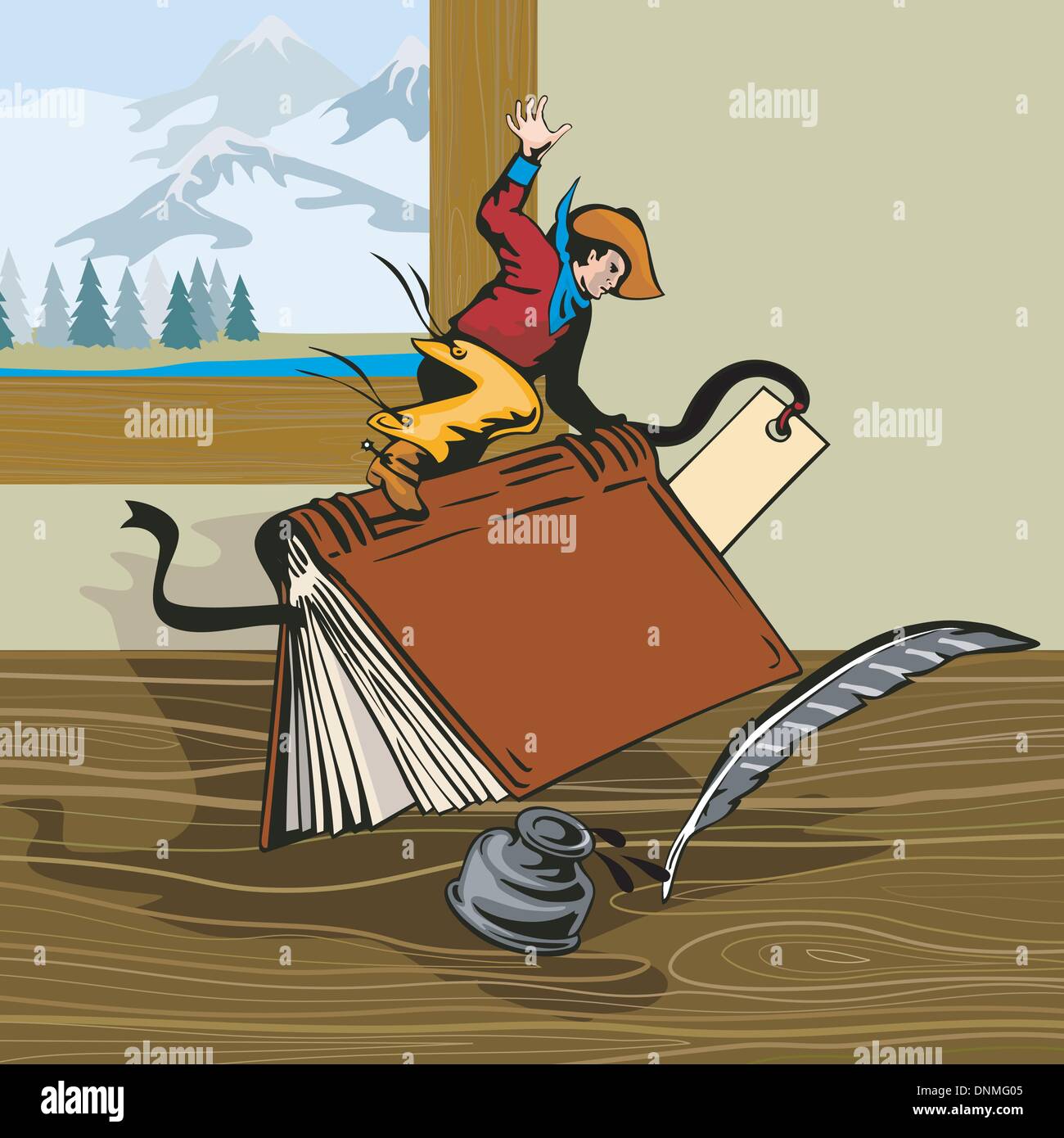 Illustration of rodeo cowboy riding bucking book done in retro style ...