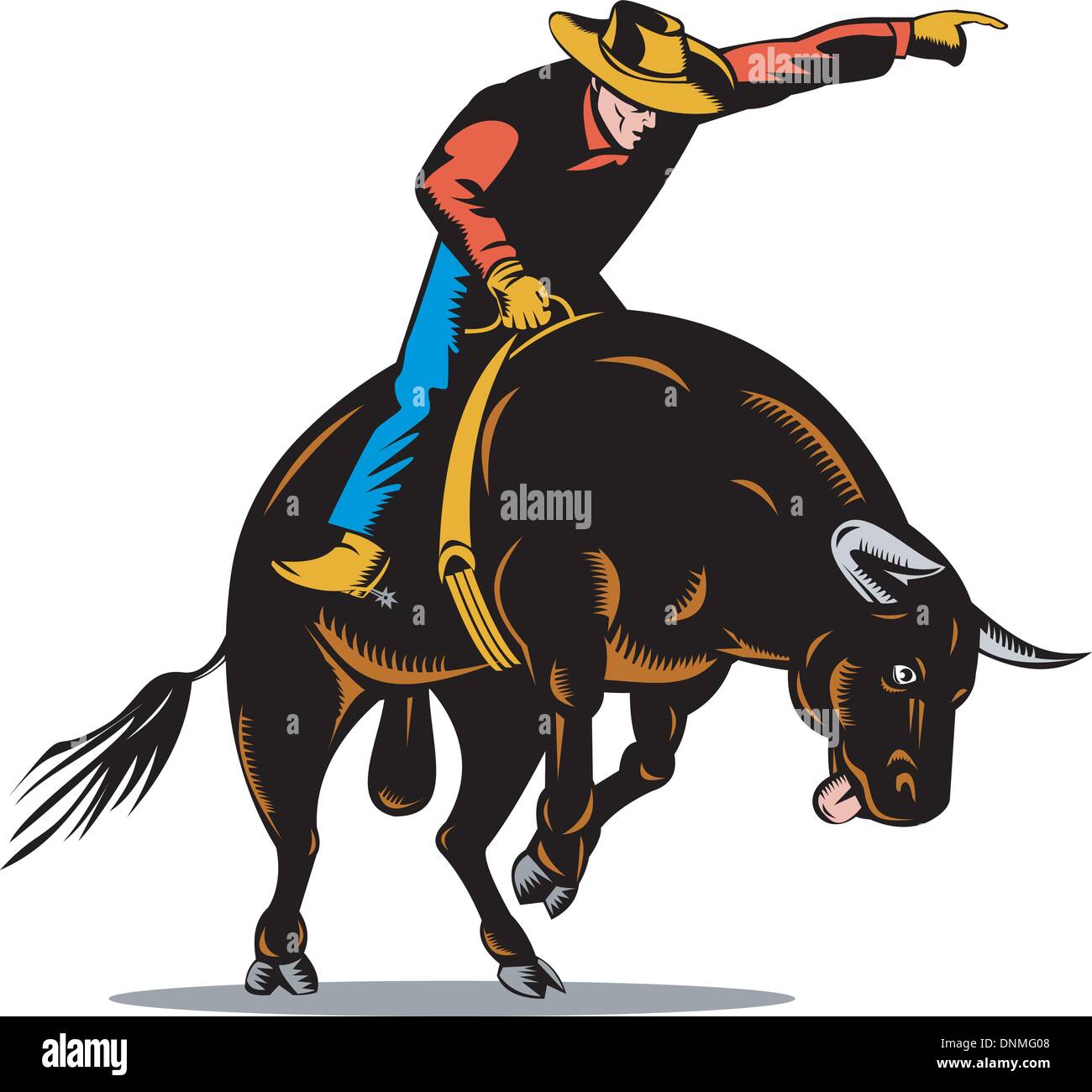 Illustration of rodeo cowboy riding bucking bull on isolated white ...