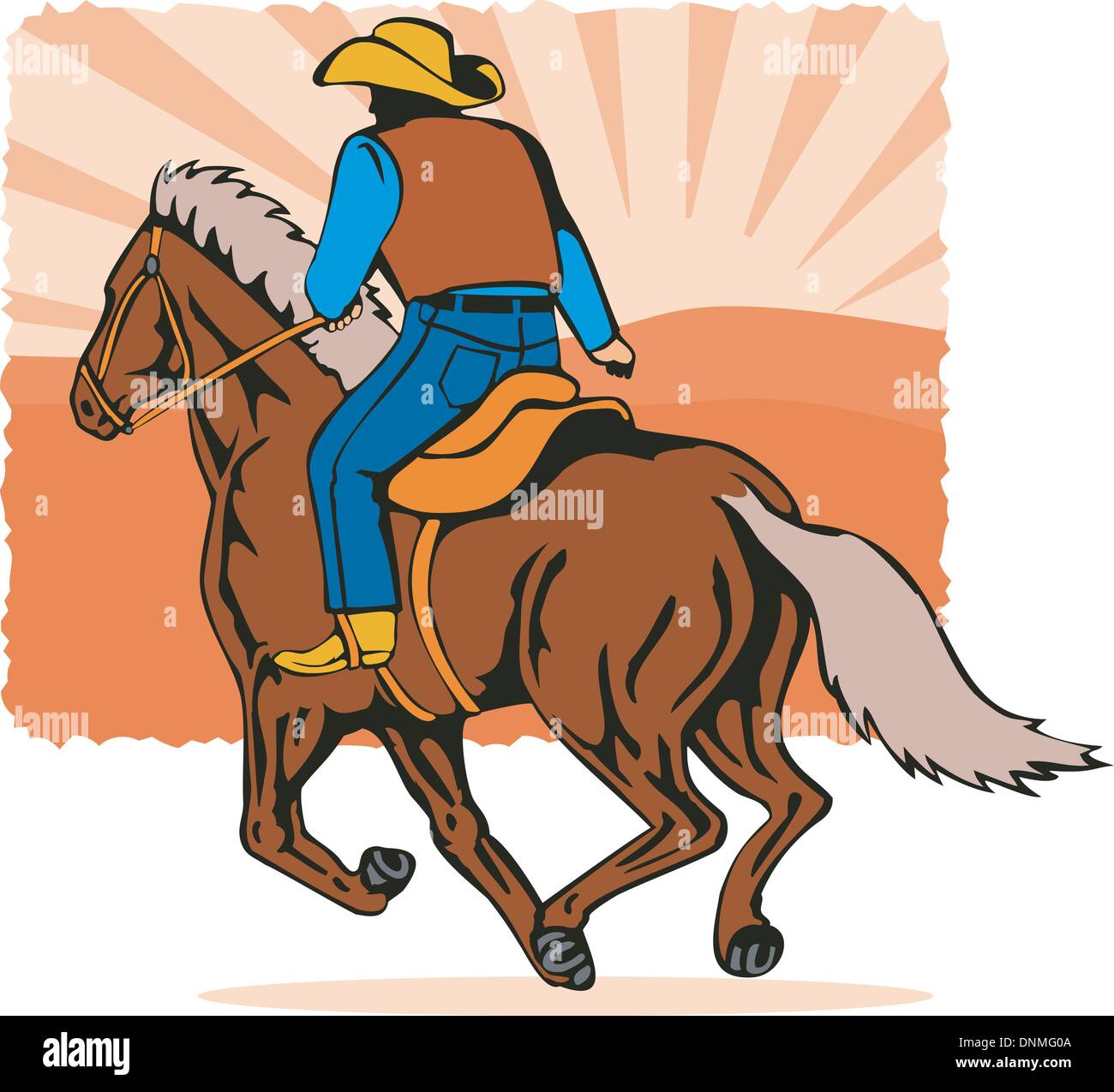 Illustration of rodeo cowboy riding horse galloping on done in retro ...