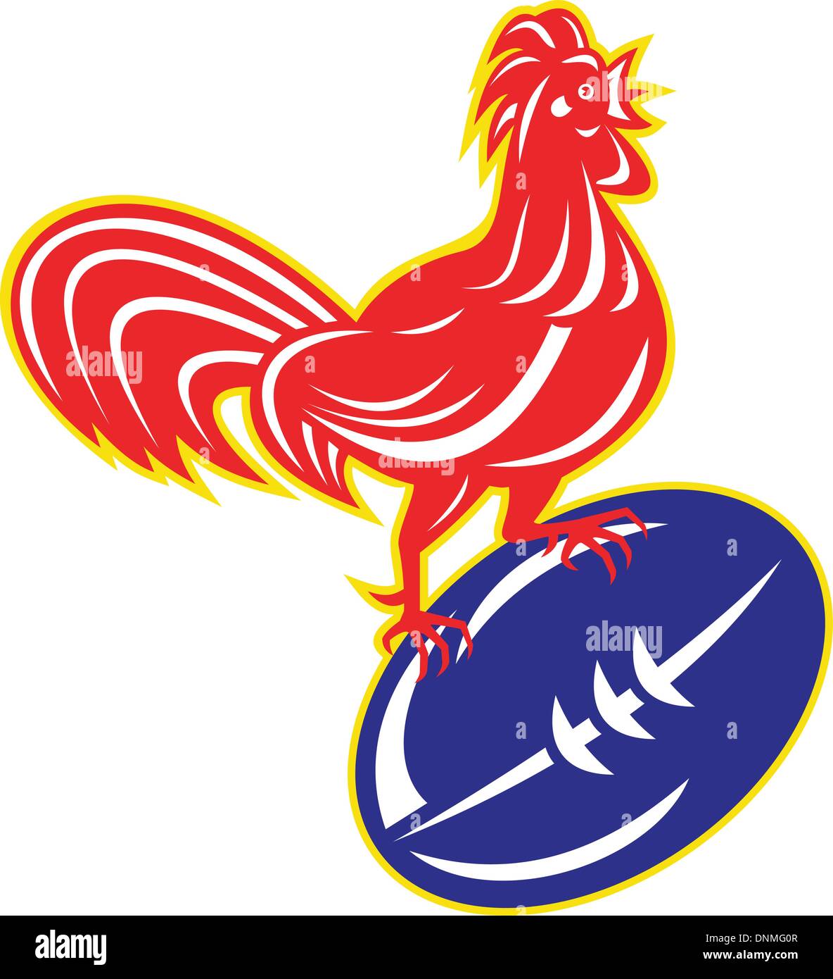 illustration of a rooster cockerel on top of rugby ball on isolated ...