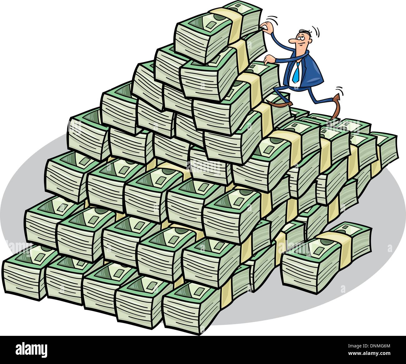 cartoon Illustration of businessman climbing on mountain of money Stock ...