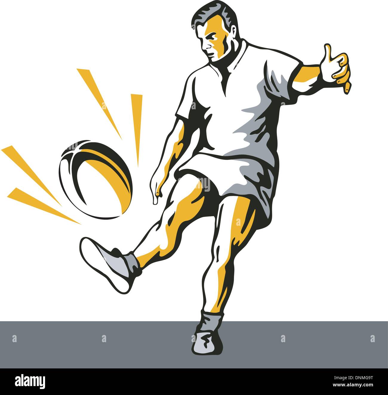 Illustration of a rugby player kicking ball front view with sunburst in ...