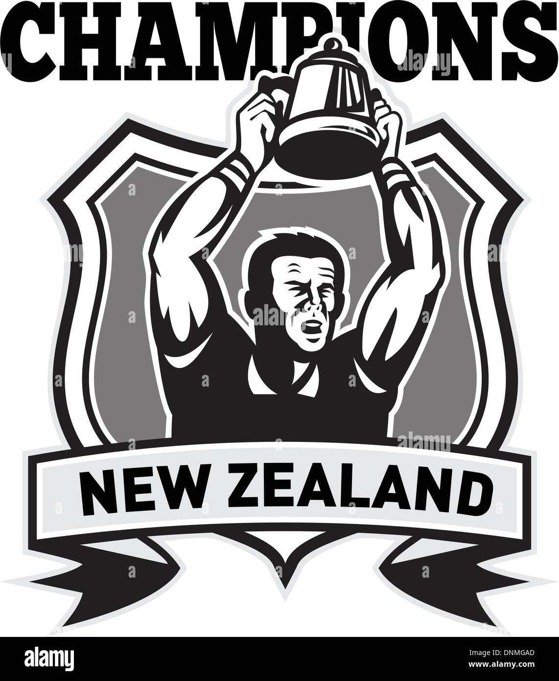 illustration of a rugby player raising Championship cup set inside ...