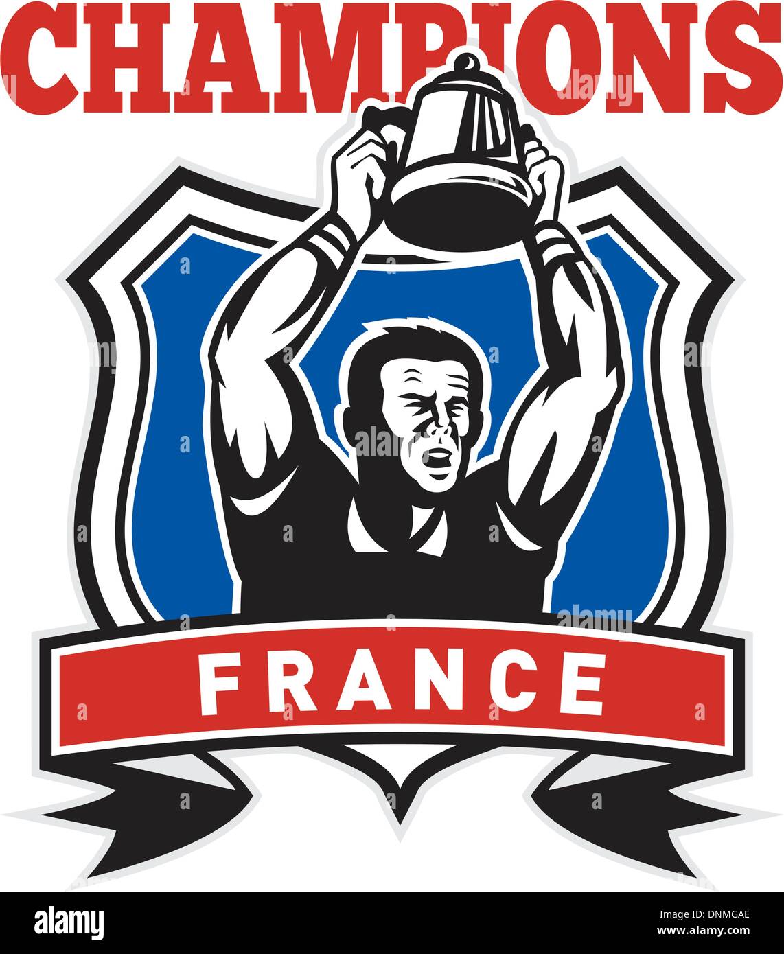 illustration of a rugby player raising Championship cup set inside ...