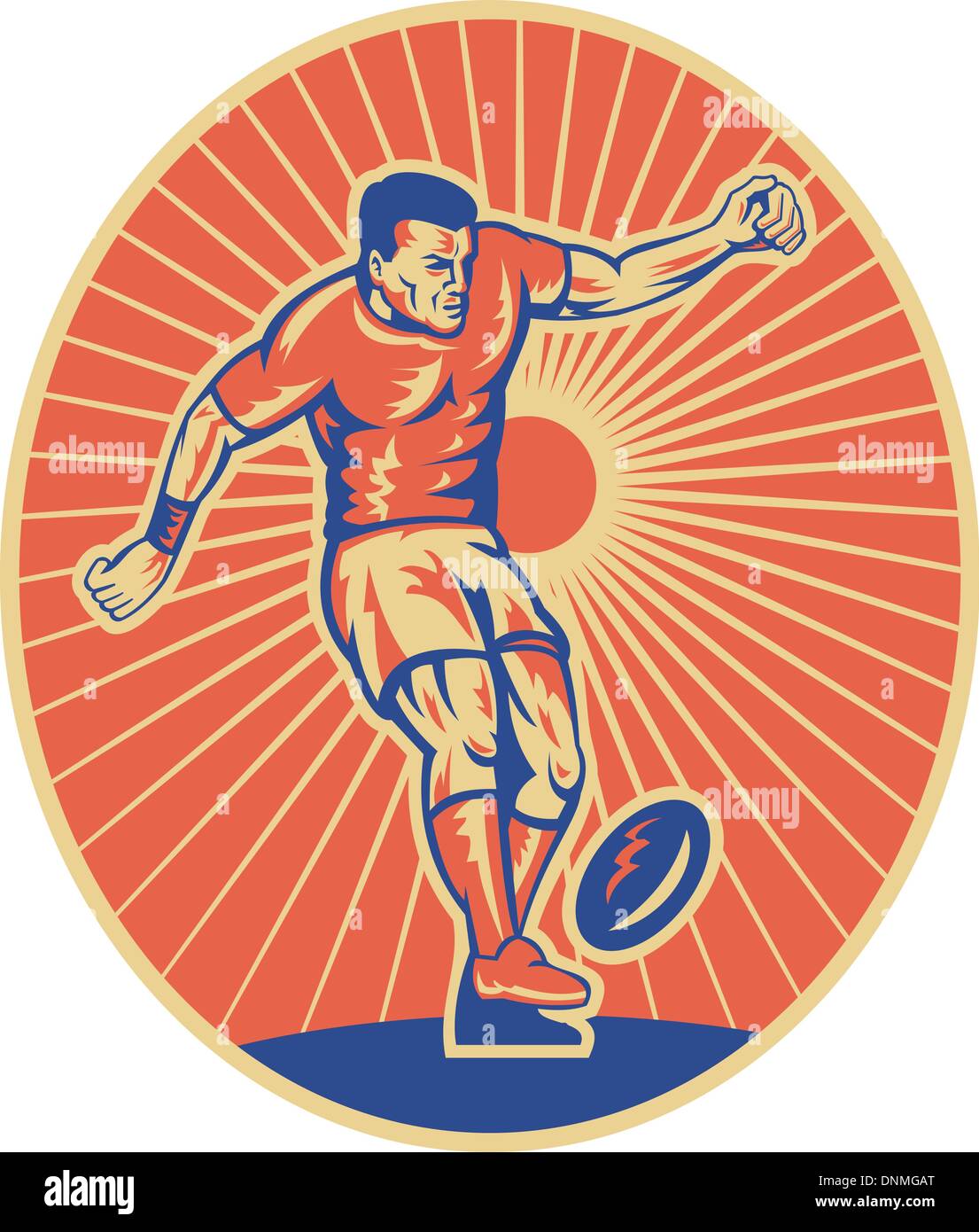 illustration of a rugby player kicking the ball set inside ellipse done ...