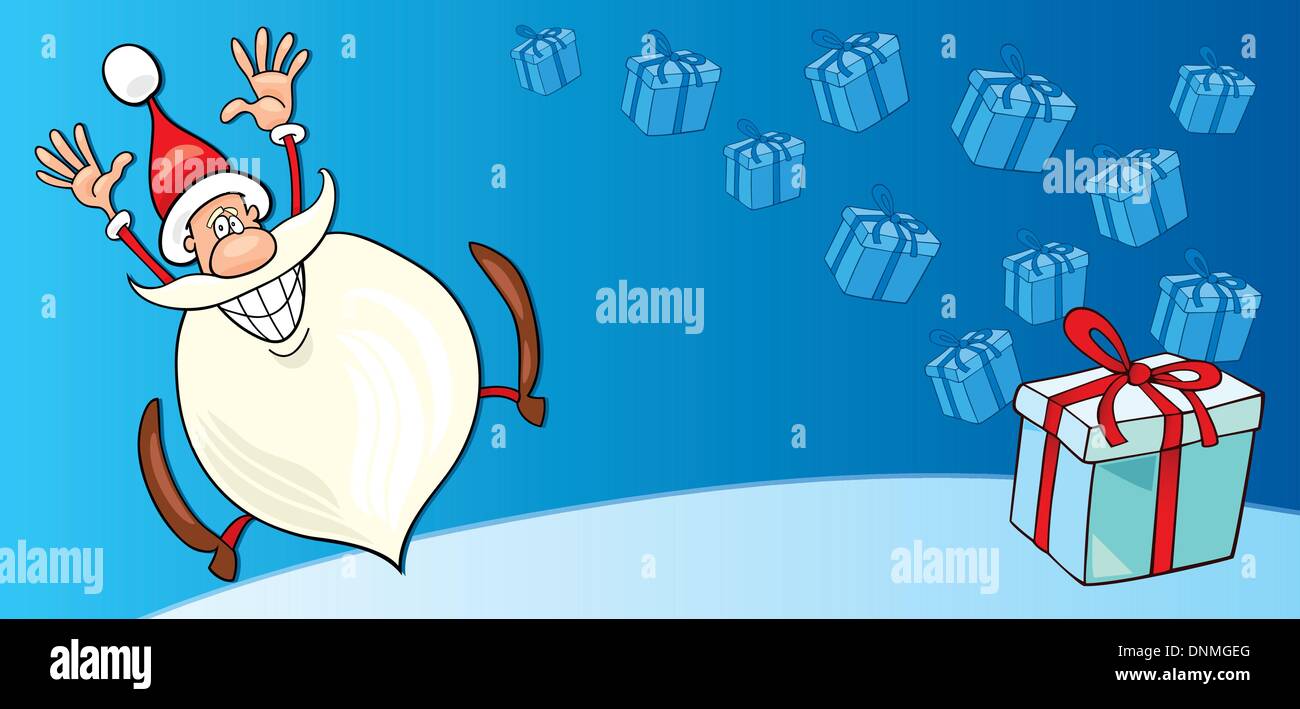 cartoon Illustration of funny Santa with gifts greeting card Stock ...