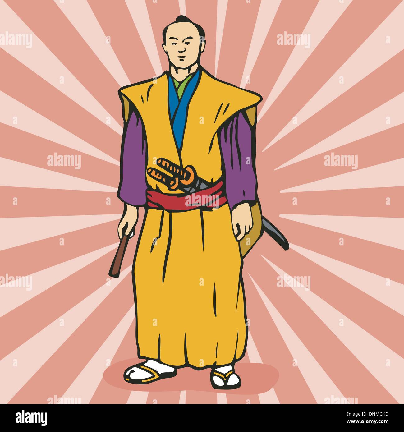illustration of a samurai warrior standing front with swords done in ...