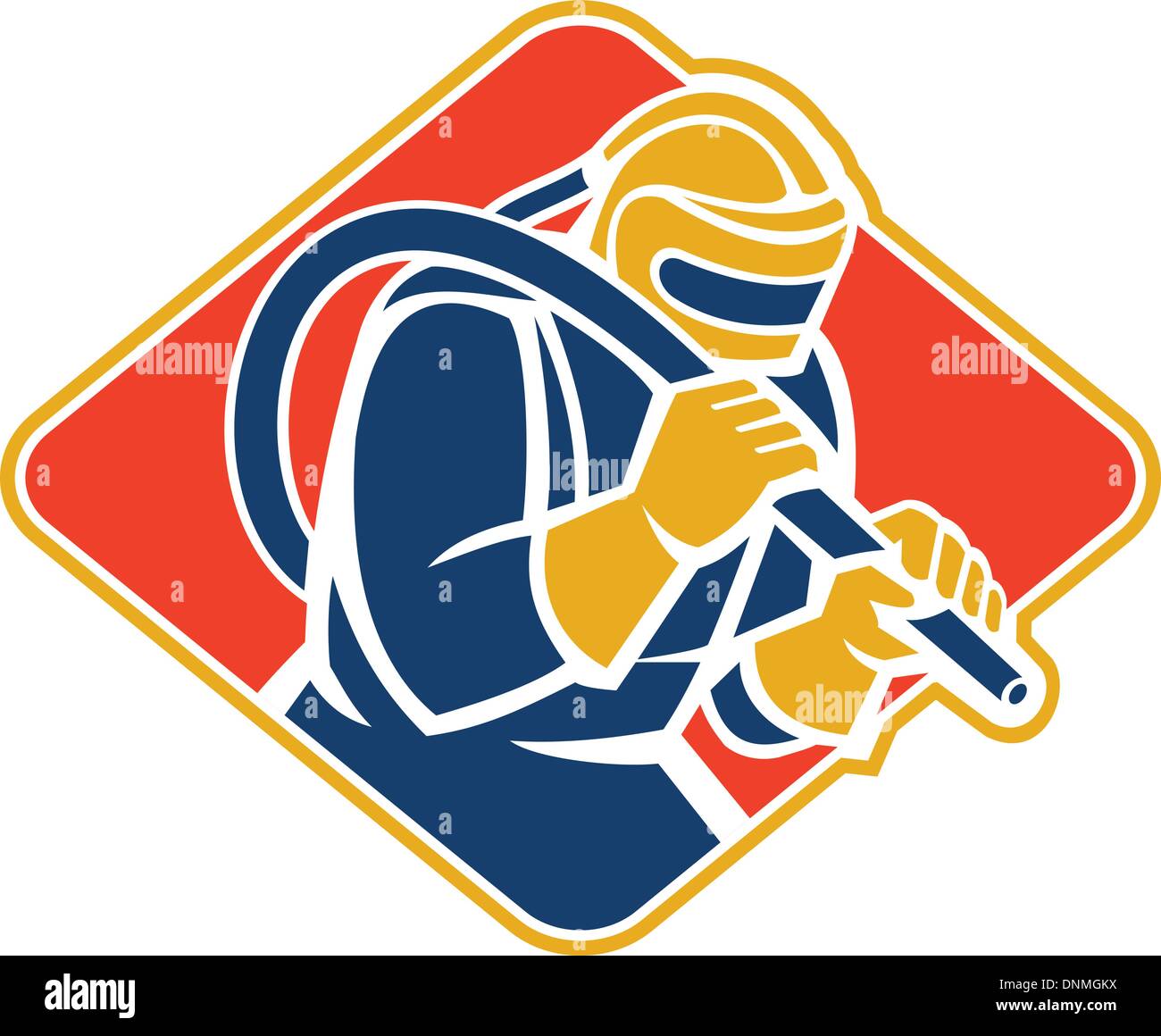 Illustration of a sandblaster worker holding sandblasting hose wearing ...