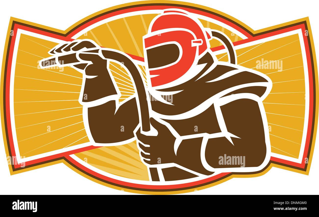 Illustration of a sandblaster worker holding sandblasting hose wearing ...