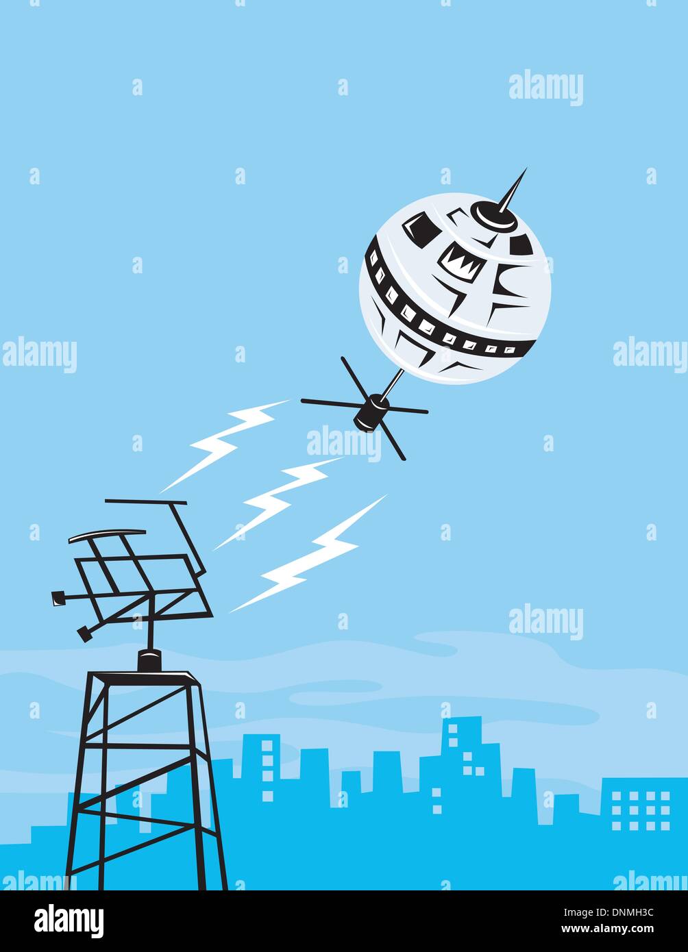 Illustration of satellite aerial dish with buildings in the background ...