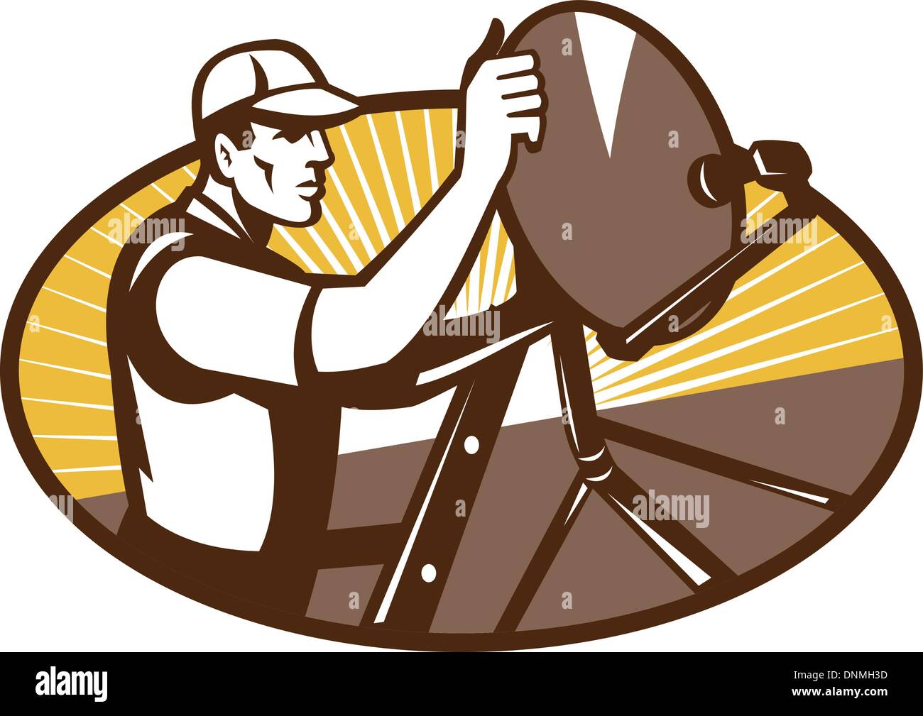 Illustration of a tradesman worker installing satellite dish set inside ...