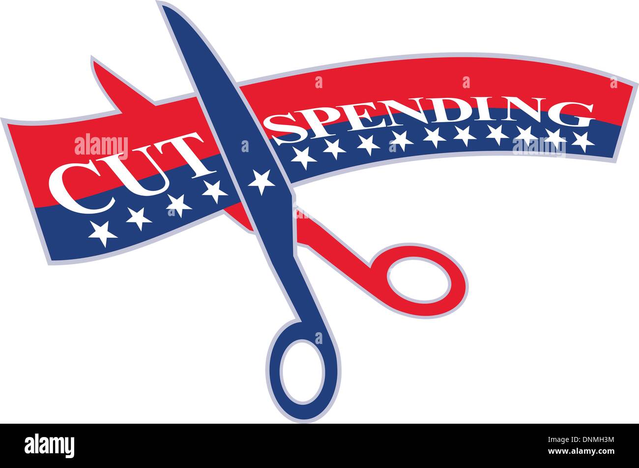 Illustration of a pair of scissors cutting red and blue ribbon tape ...