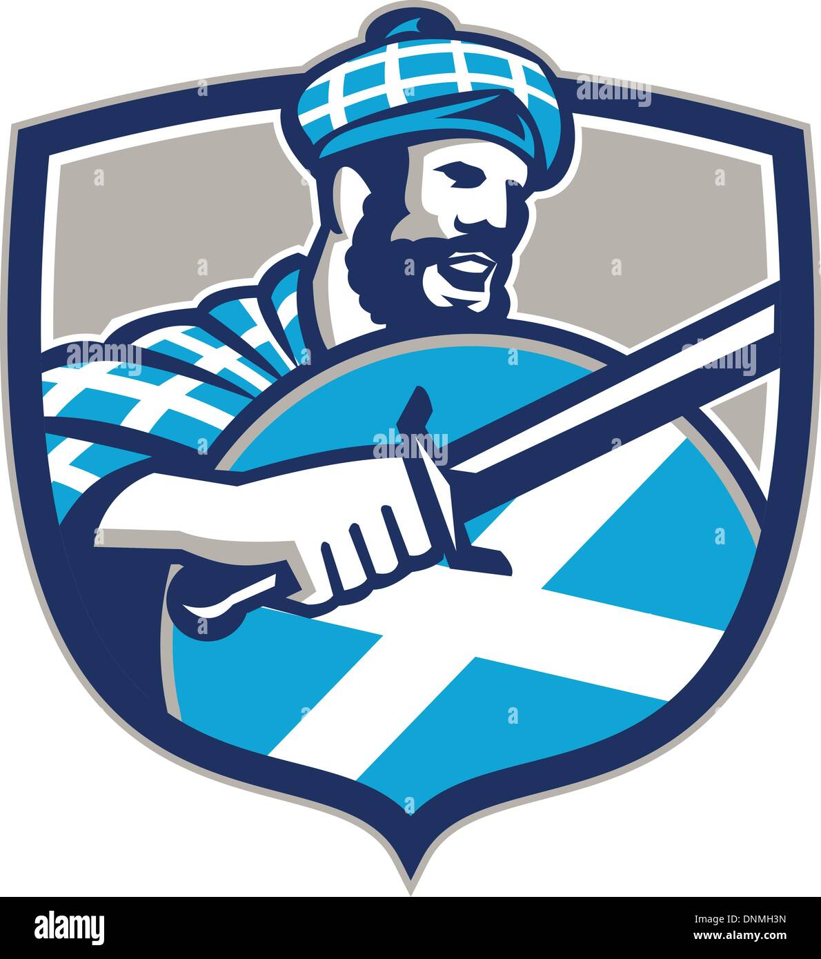 Illustration of a highlander scotsman wielding sword with Scotland flag ...