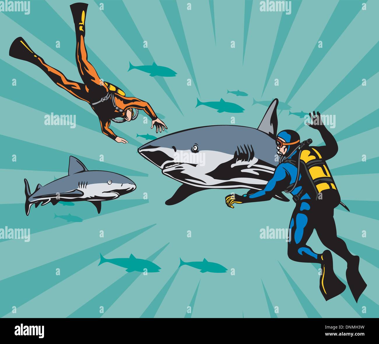 Illustration of a scuba divers and sharks swimming done in retro style ...