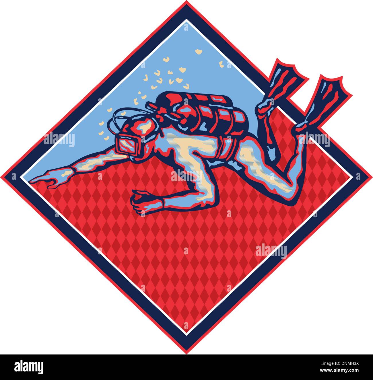 Illustration of a scuba diver diving swimming pointing set inside ...