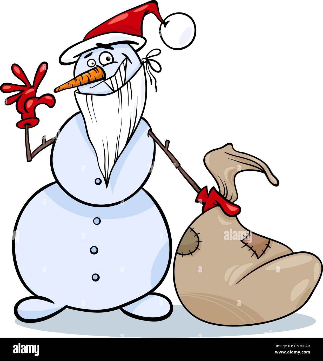 Cartoon Illustration of Snowman as Santa Claus Character with Sack Full ...