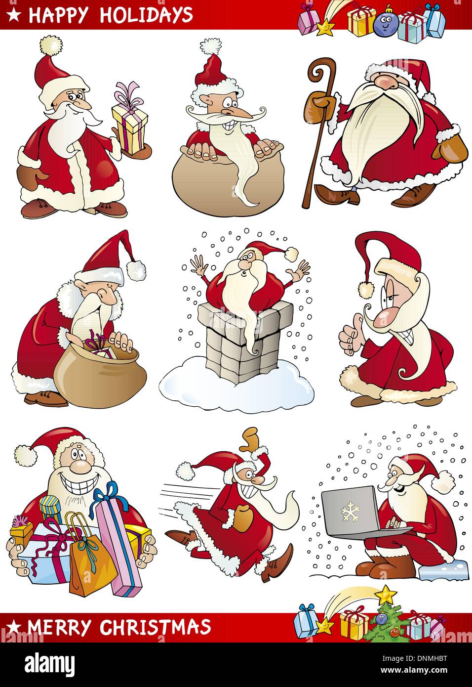Cartoon Illustration of Santa Clauses and Christmas Themes set Stock ...