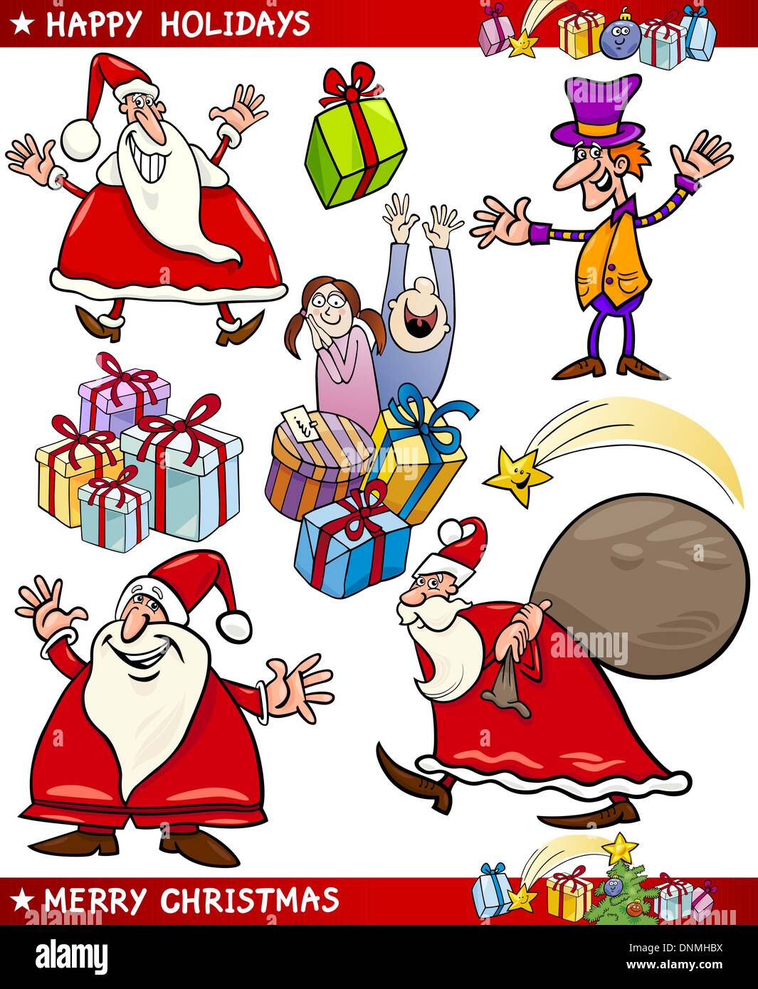 Cartoon Illustration of Santa Claus or Papa Noel, Elf, Presents and ...
