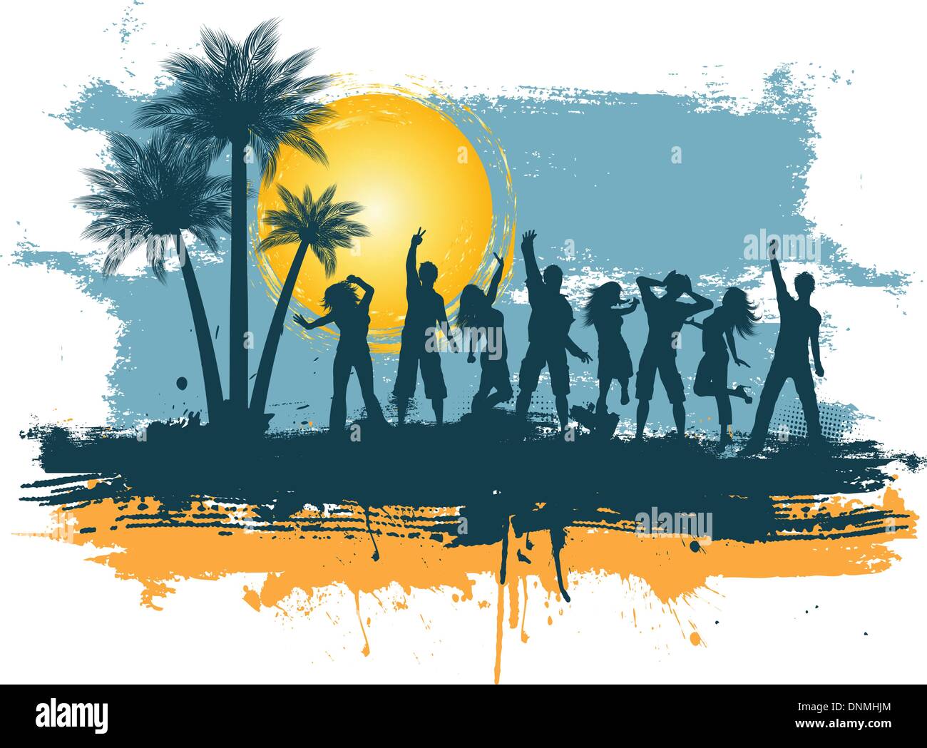 Silhouettes of people dancing on a grunge summer background Stock ...