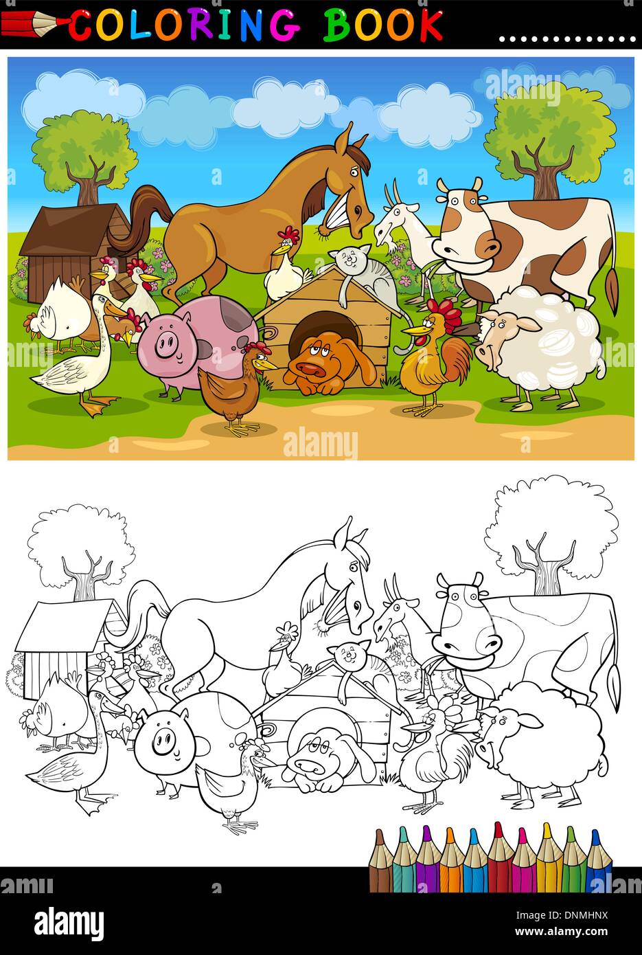 Coloring Book or Page Cartoon Illustration of Funny Farm and Livestock ...