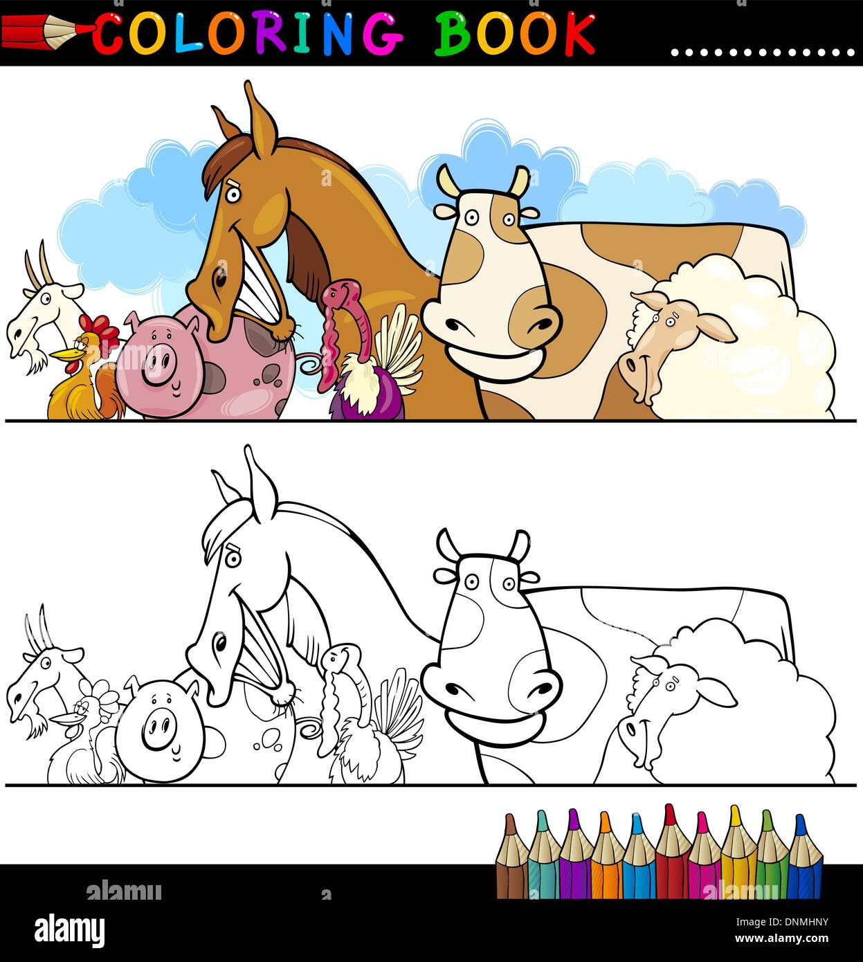 Coloring Book or Page Cartoon Illustration of Funny Farm and Livestock ...