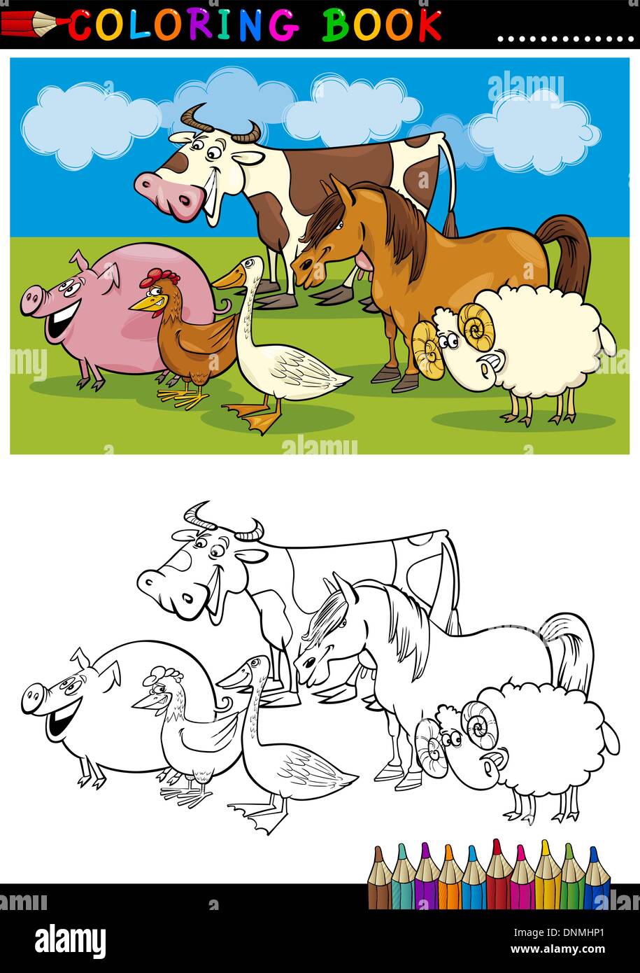 Coloring Book or Page Cartoon Illustration of Funny Farm and Livestock ...