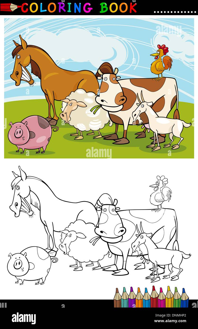 Coloring Book or Page Cartoon Illustration of Funny Farm and Livestock ...