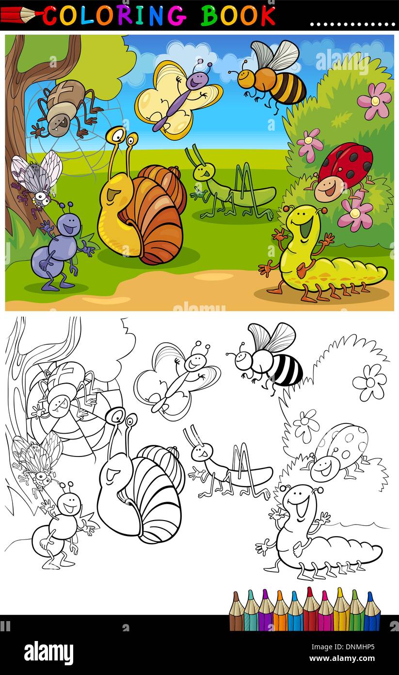 Coloring Book or Page Cartoon Illustration of Funny Insects and Bugs ...
