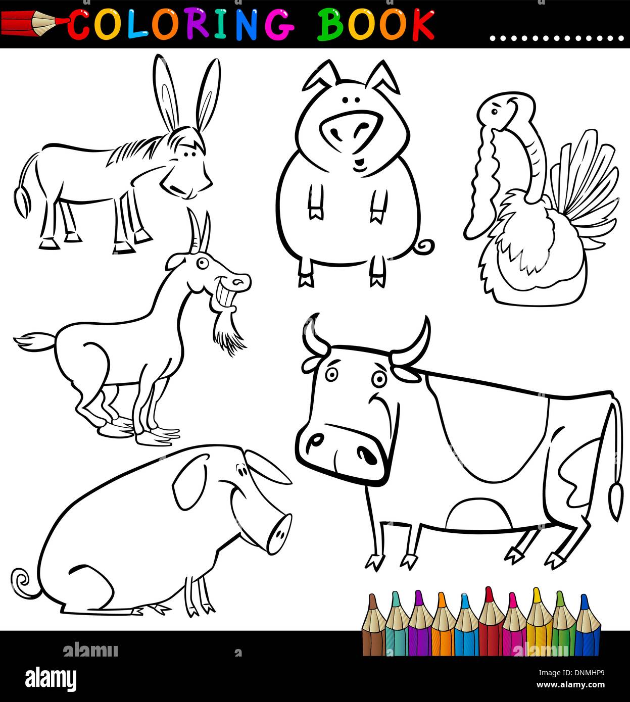 Coloring Book or Page Cartoon Illustration of Funny Farm and Livestock ...