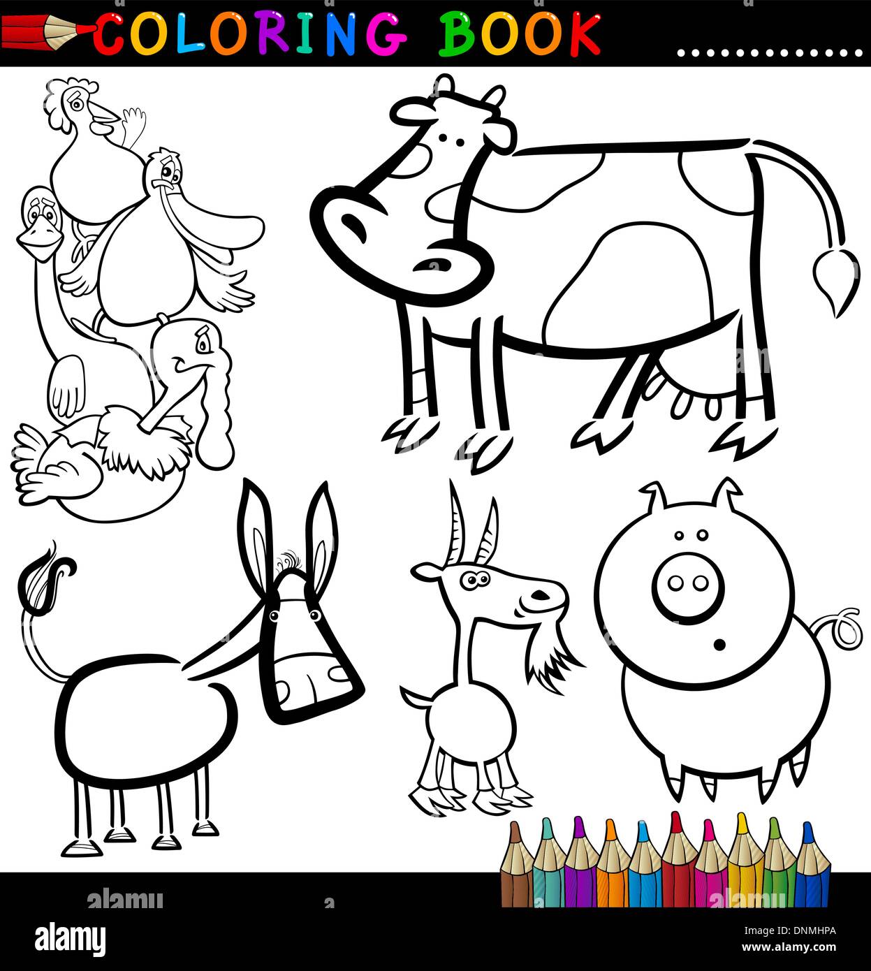 Coloring Book or Page Cartoon Illustration of Funny Farm and Livestock ...