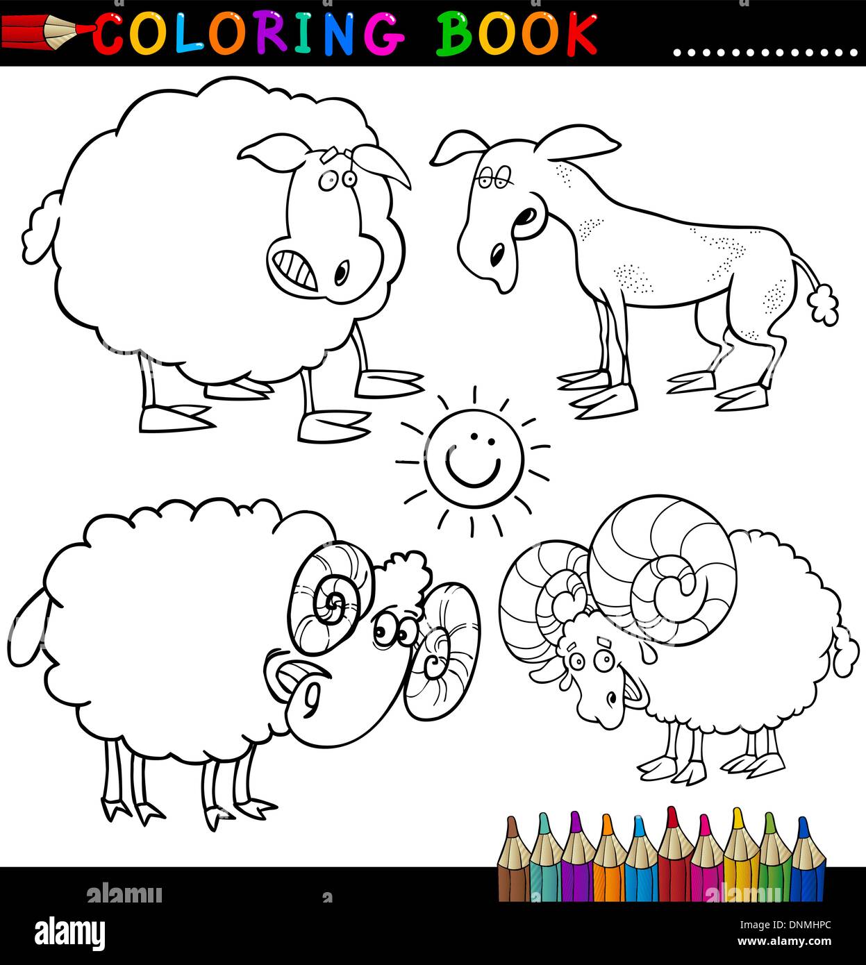 Coloring Book or Page Cartoon Illustration of Funny Farm and Livestock ...